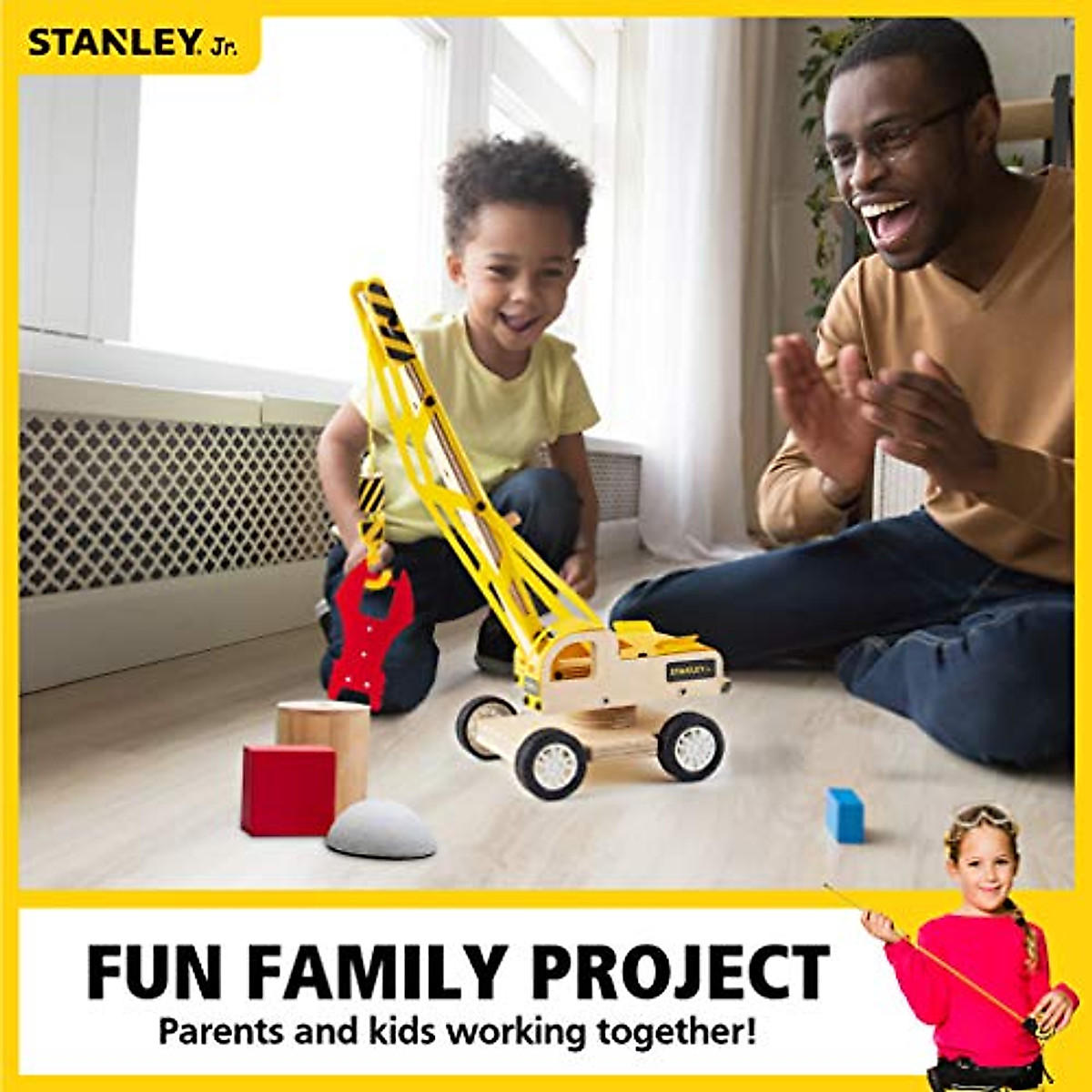Stanley Jr. STANLEY Jr DIY Yellow Lifting Crane Kit for Kids - Easy Assembly Crane Building Kit - Wood Crane Toy Craft - Wood, Paint & Decals Included