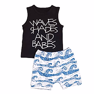 Helbaar Baby Boy Clothes Waves Shades and Babes Print Summer0 6 12 18 24months 2 3 T Black Sleeveless Tops and Wave Short Pants Outfits Set(18-24months)