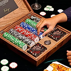 Bowtie Wooden Poker Set with Playing Card Gift, Professional 300 Weighted Poker Chips with Walnut Wood Case, Unique Poker Gift for Texas Hold'em, Blackjack, Casino Gambling, Memento Mori