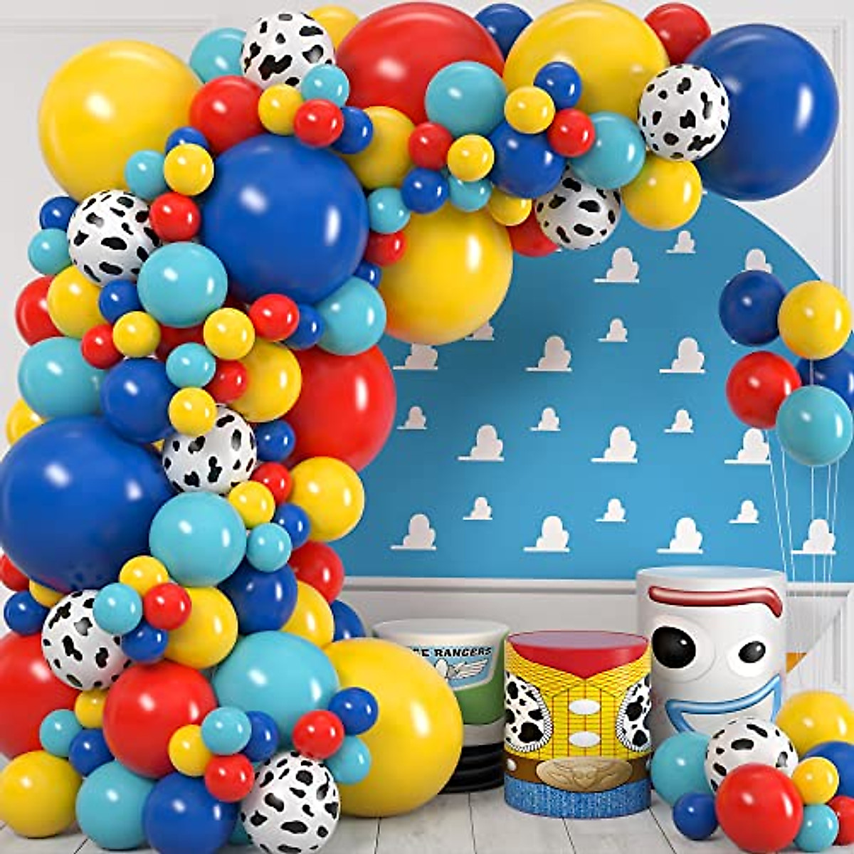 100pcs EASY DIY - Toy Story Balloons Garland Kit & Arch for Toy Story Birthday Party and Baby Shower Decorations - Toy Story Balloons Latex with Cow Pattern for Woody and Buzz Lightyear Theme Supplies