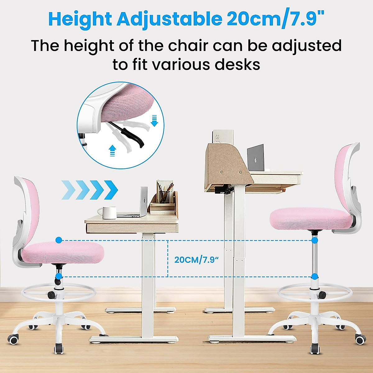 Razzor Drafting Chair Tall Office Chair for Standing Desk Chairs with Adjustable Height Footrest, Armless High Desk Chair Ergonomic Rolling Stool