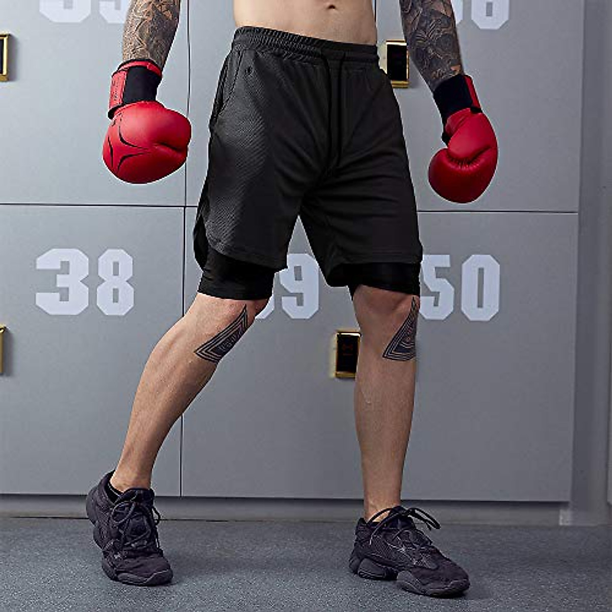 JWJ Men's 2 in 1 Workout Running Shorts 7 Inch Lightweight Athletic Gym Shorts with Compression Liner Black M