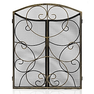 DOEWORKS 3 Panel Heavy Duty Fireplace Screen Safety Fire Place Fence Spark Guard Cover Bronze