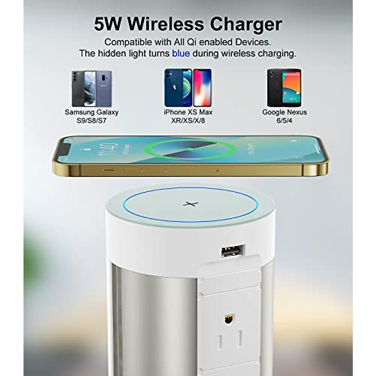 Automatic Pop Up Power Outlet with Wireless Charger, Retractable Recessed Power Strip, 4 AC Outlets and 2 USB Ports, Glass Finish, for Kitchen Countertops Office Table Workshop, White