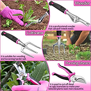 Garden Tool Set，10 Piece Pink Gardening Gifts for Women,with 2 in 1 Detachable Storage Bag, Trowel, Transplanter, Rake, Weeder, Cultivator, Purning Shears and 3 Additional Protection Tools(LANNIU)
