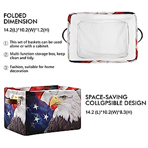 Foldable Storage Baskets,American Flag Eagle Storage Bins with Handles, Decorative Cloth Organizer Storage Boxes for Home|Office 15 x 11 x 9.5 in