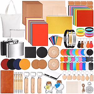 Dunzoom 257 Pcs Laser Material Kit Laser Engraving Materials Including Acrylic, Metal, Wood, Fabric, PU Leather, Glass, Rock, Rubber Materials for Laser Engravers and Laser Cutters