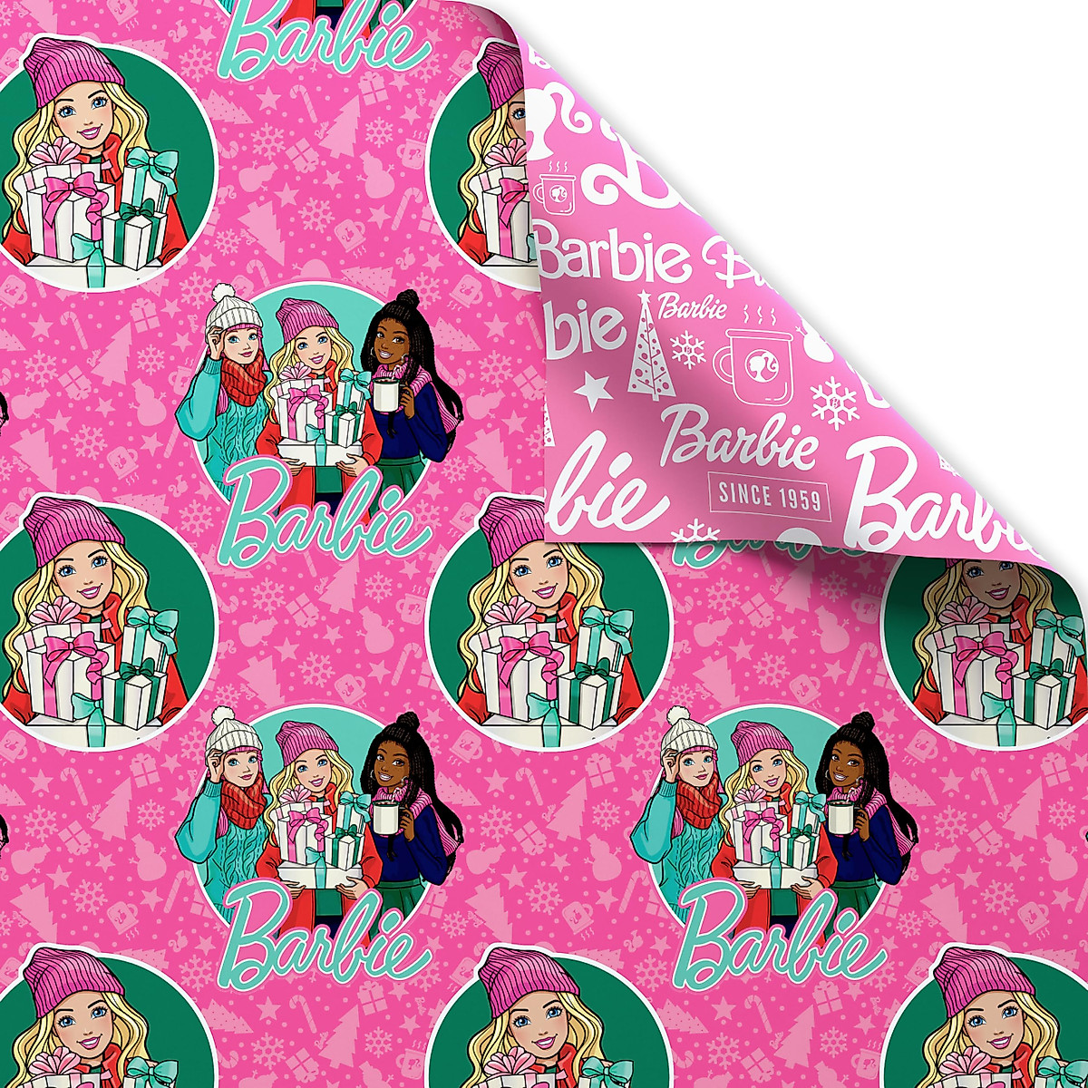 American Greetings Reversible Christmas Wrapping Paper for Kids, Barbie and Friends, Christmas Trees (1 Roll, 75 sq. ft.)