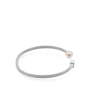 TOUS Icon Mesh 925 Silver Bangle Bracelet with White Chinese-Freshwater-Cultured Pearl 6.5-7.0 mm
