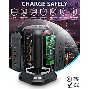 Power Strip Tower Surge Protector, BEVA Surge Protector Tower with 9 AC Outlet and 4 USB Ports, 18AWG 6.5 Feet Extension Cord, 3-Prong Flat Plug, Multiple Outlets for Office Apartment Dorm Essentials