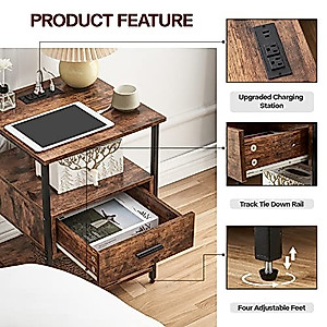 Anrigeail Nightstand Set of 2 with Charging Station, Bedside Tables with Storage Shelf & Drawer, End Table with 2 USB Ports and 2 Outlets, Night Stand for Bedroom, Living Room, Brown