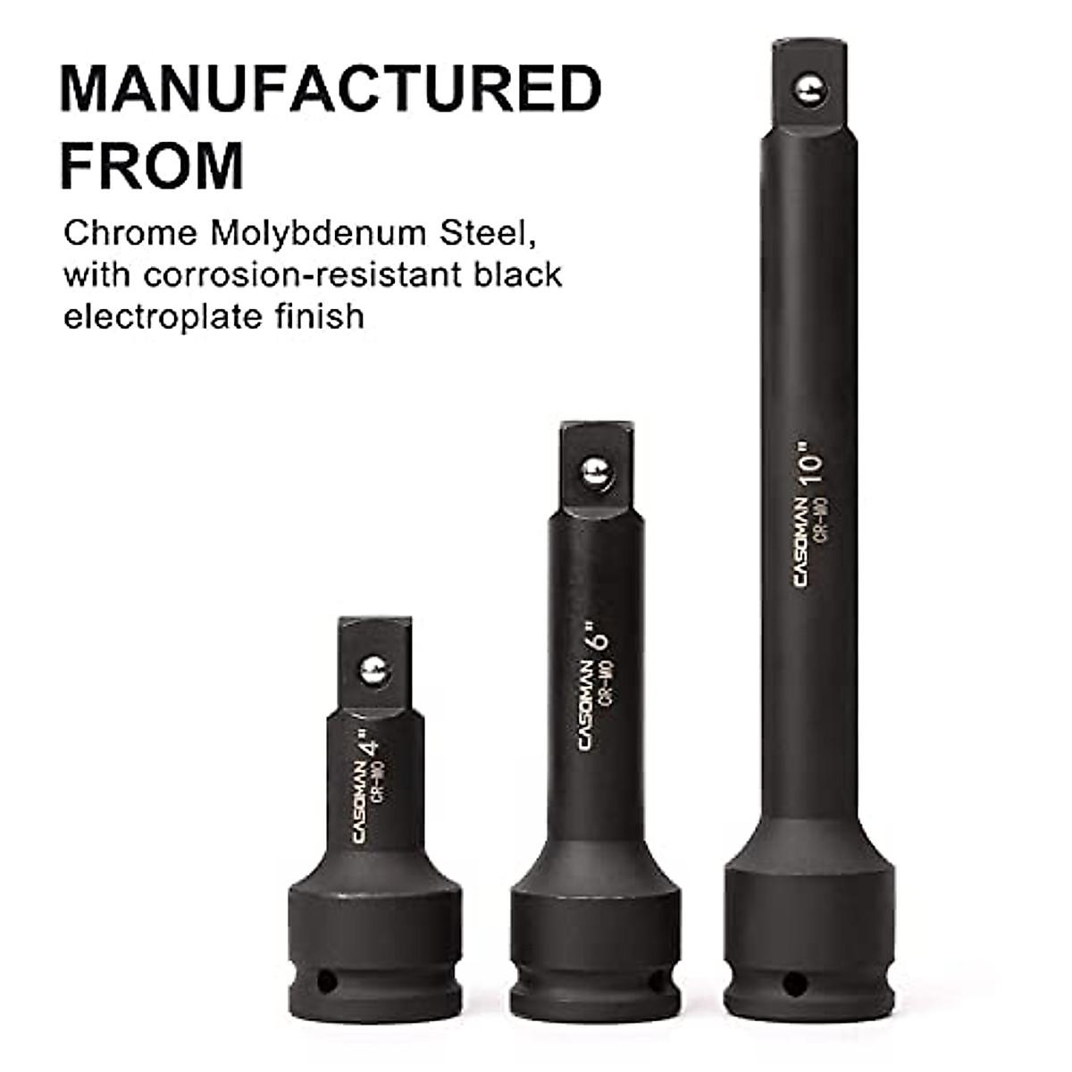 CASOMAN 3/4” Drive Impact Extension Bar, Cr-Mo Steel,3-Piece Set 4”, 6”, 10” ext. bar
