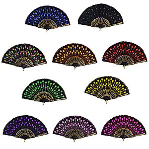 Rbenxia Vintage Folding Hand Fans Fabric Embroidered Sequins Fan Pack of 10 Pieces Random Color