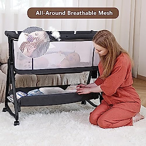 zebrater Baby Bassinet Bedside Sleeper with Storage Basket and Wheels,All Mesh Bedside Bassinet for Baby,7 Adjustable Height Portable Bedside Crib Co Sleeper for Newborn/Infant(3 in 1,Black)