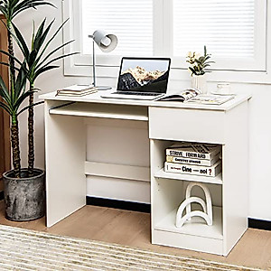 Tangkula White Desk with Drawer, Wooden Computer Desk with Pull-Out Keyboard Tray & Adjustable Storage Shelves, Modern Laptop PC Desk with CPU Stand, Writing Study Desk for Bedroom (White)