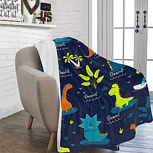 Custom Name Blanket for Baby Boys Personalized Dinosaur Blanket Dark Blue Throw Blanket for Kids Boys Adults 50"x60"Inch