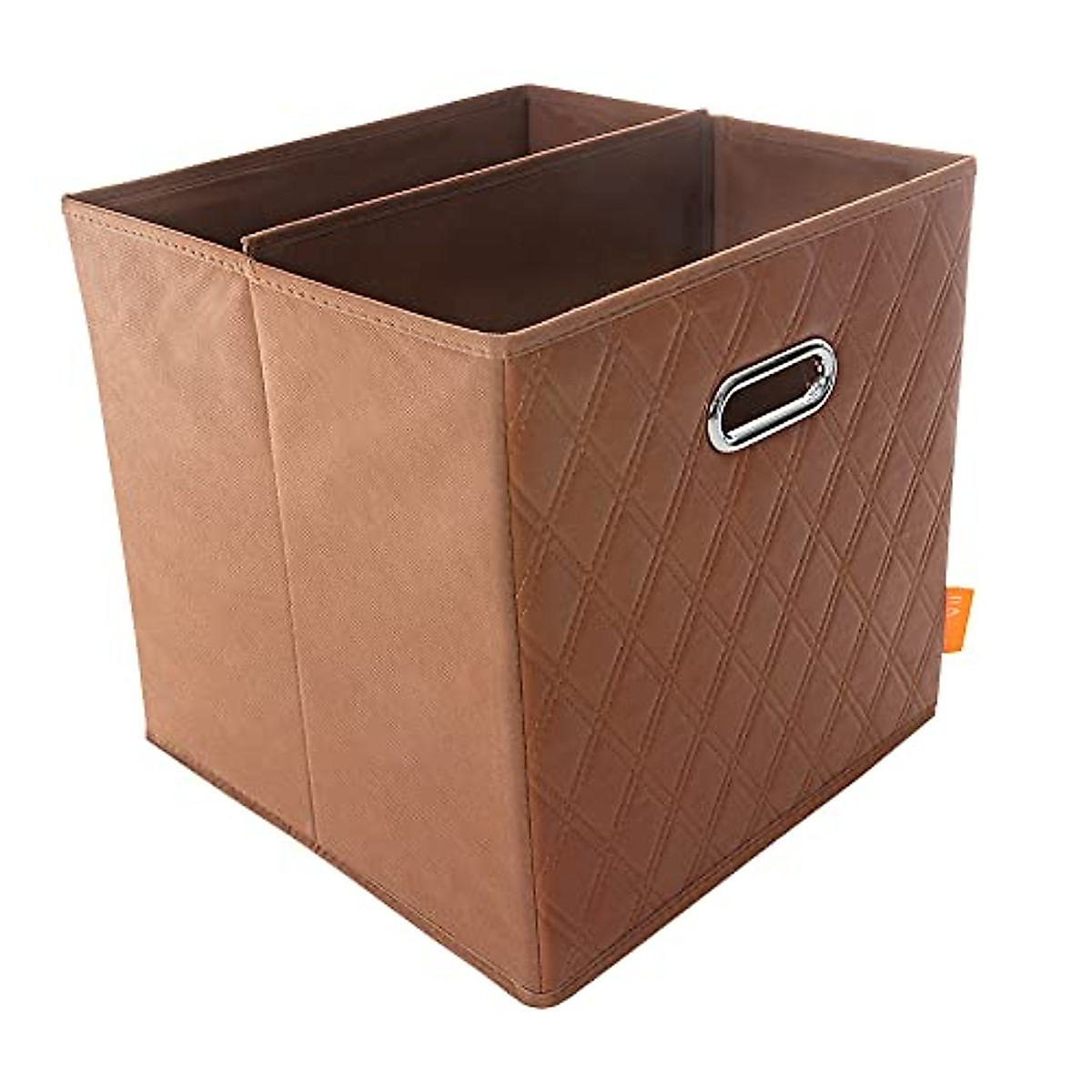 JIAessentials Large 13-inch Brown Foldable Diamond Patterned Faux Leather Storage Cube Bins Set of Four with Handles with Dual Handles for living room, bedroom and office storage
