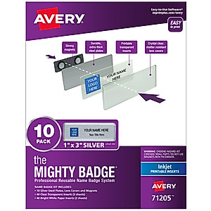 The Mighty Badge by Avery, 1" x 3" Silver Name Tags, 10 ID Badges, 80 Inserts for Inkjet Printers (71205)