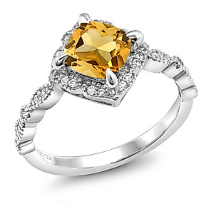 Gem Stone King 925 Sterling Silver Yellow Citrine and Moissanite Solitaire Ring For Women (1.74 Cttw, Cushion Cut 7MM, Gemstone, Available in Size 5, 6, 7, 8, 9)