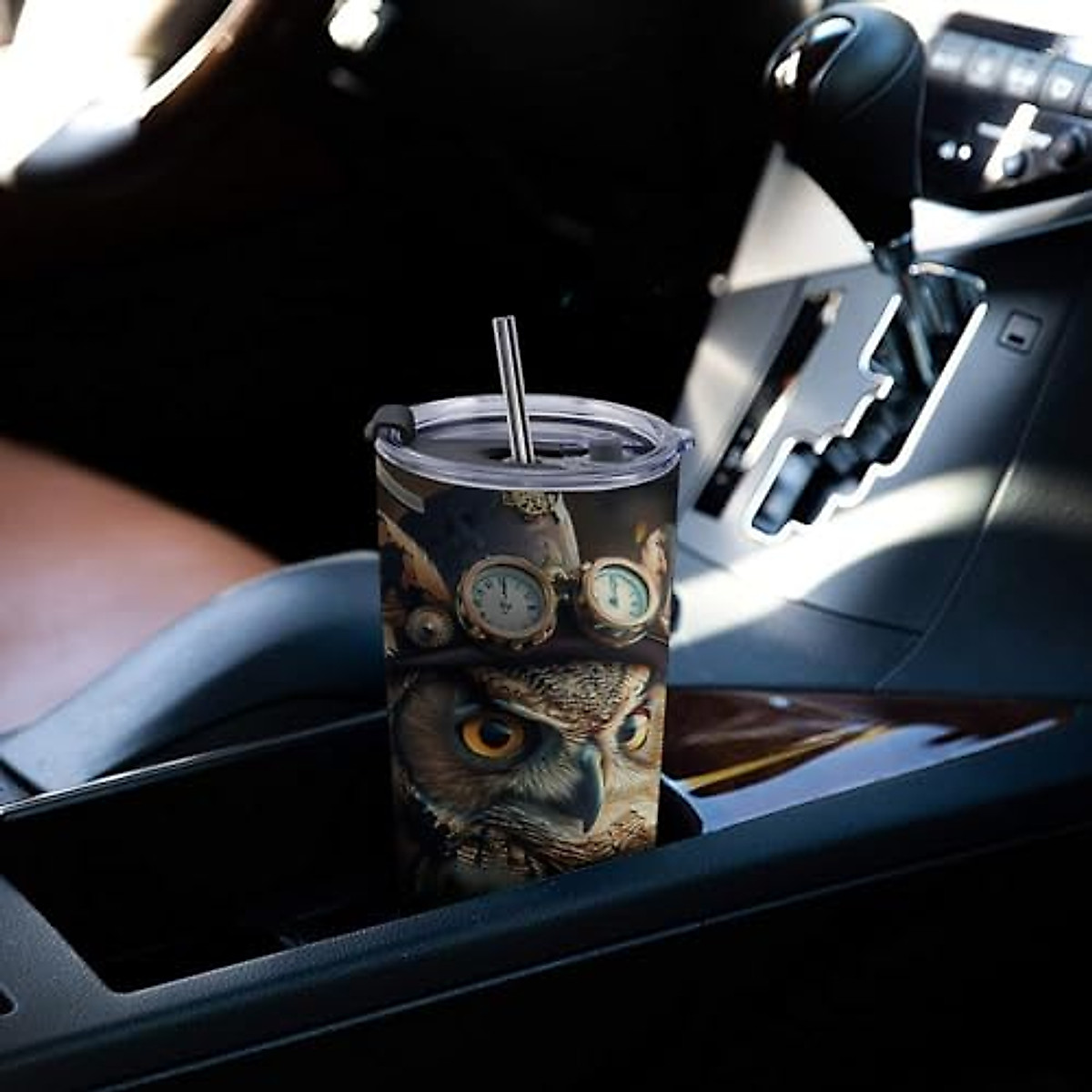 WNICELIN Steampunk Owl Retro Tumbler Insulated Travel Mug Stainless Steel Travel Tumbler Car Cup with Straw And Brush with Lid 20oz