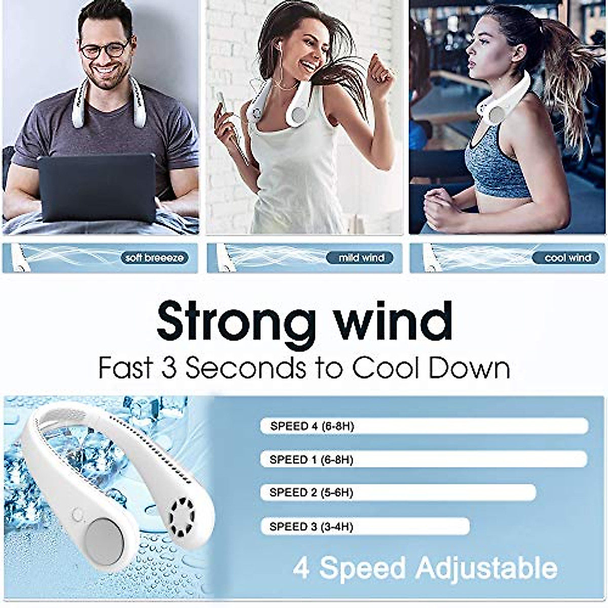 Portable Personal Bladeless Neck Fans, USB Rechargable Hanging Necklace Bladeless Fan, Hand Free Wearable Neck Fan Battery Operated Personal Fan 4 Speeds 360 Degree Free Rotation Air Cooling for Outdoor Activity (White)