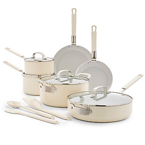 GreenPan x Bobby Flay 13 Piece Cookware Pots and Pans Set, Professional Grade Aluminum, PFAS & PFOA-Free Ceramic Nonstick, Induction Suitable, Stay-Cool Silicone Handle, Dishwasher & Oven Safe, Cream