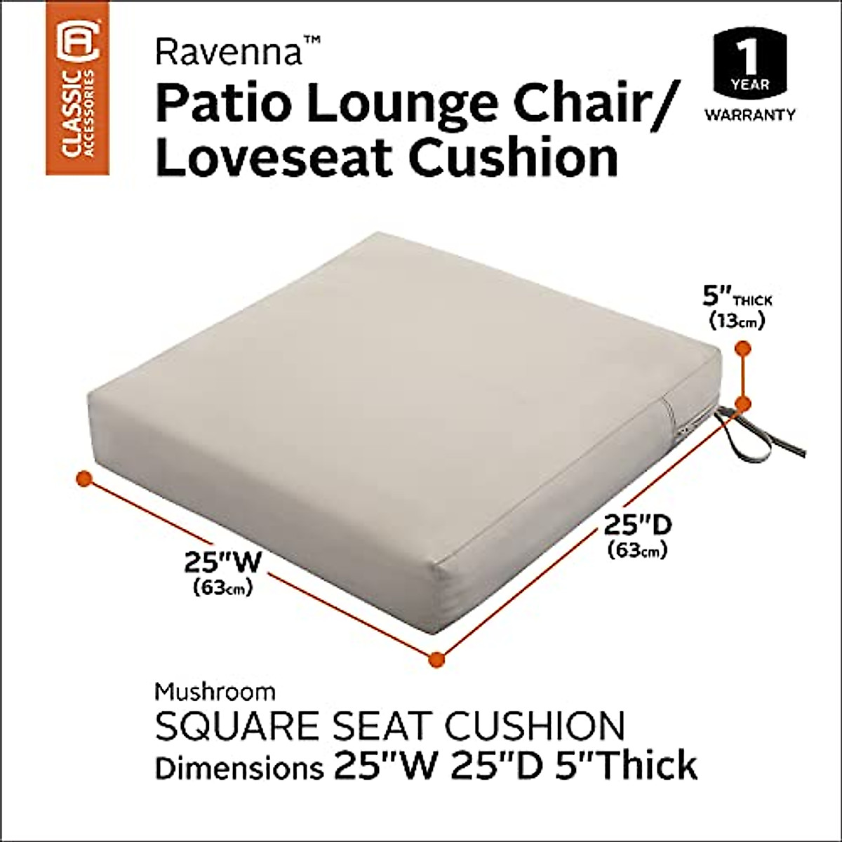 Classic Accessories Ravenna Water-Resistant 25 x 25 x 5 Inch Square Patio Seat Cushion Slip Cover & Foam, Mushroom, Lounge Chair Cushion
