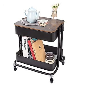 2 Tier Metal Utility Rolling Cart Storage Organizer with Cover Board, Mobile Trolley Sofa Side Table with Wheels for Office Home Kitchen Organization, Black