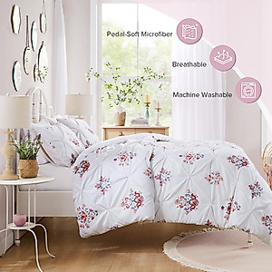 Comfort Spaces White Queen Duvet Cover Set - 3 Pieces Pintuck Tufted Vintage Floral Duvet Sets Queen, All Seasons Skin-Friendly, Lightweight & Soft Microfiber Queen Duvet Cover, Shams, Full/Queen