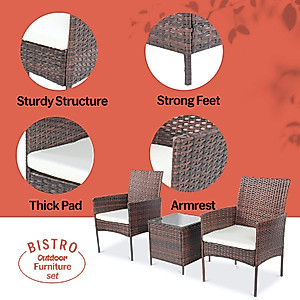 Pyramid Home Decor Alvino Patio Bistro Set 3-Piece Outdoor Wicker Furniture Sets, Modern Rattan Garden Conversation Chair with Thick Cushion and Glass Top Coffee Table (Coffee)