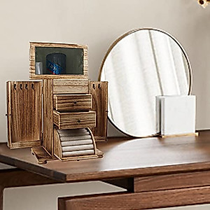 Jwinkumy Jewelry Box Wooden Rustic Large Organizer with Mirror, 4 Layer Jewelry Display Cabinet for Earring Ring Necklace Bracelet Gift for Women Girls