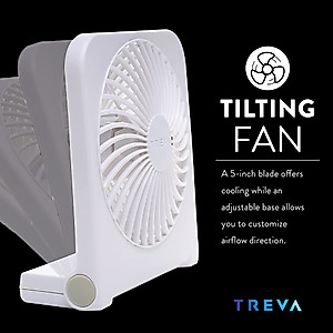Treva 5-Inch USB and Battery Powered Desk Fan With Two Cooling Speeds and Adjustable Tilt, Small USB Fan Cubicle Accessories Durable and Long Lasting (White)