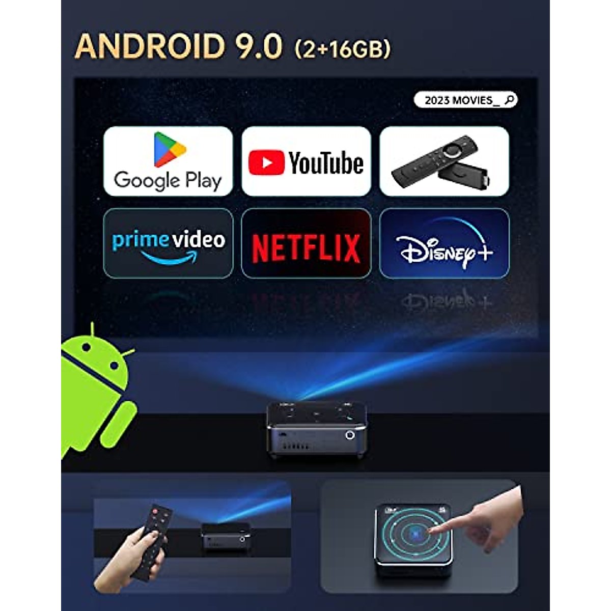 FEICHEN Mini Projector,Portable DLP Projector with 5G WiFi and Bluetooth,Andriod OS 9.0,Pocket Projector Support 1080P & HDMI,Pico Projector Compatible with iPhone, Android. Suitable for Outdoor&Home.