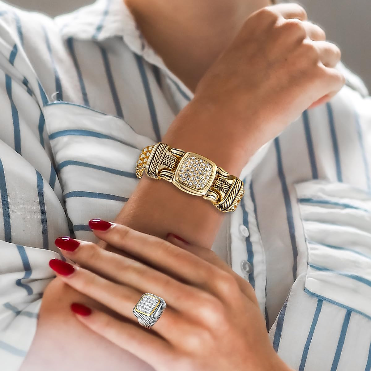 UNY JEWEL Pave Crystals Designer Inspired Statement Popcorn Chain Bracelets Women Jewelry Magnetic Clasp Christmas Gifts (Gold 6.75 Inch)