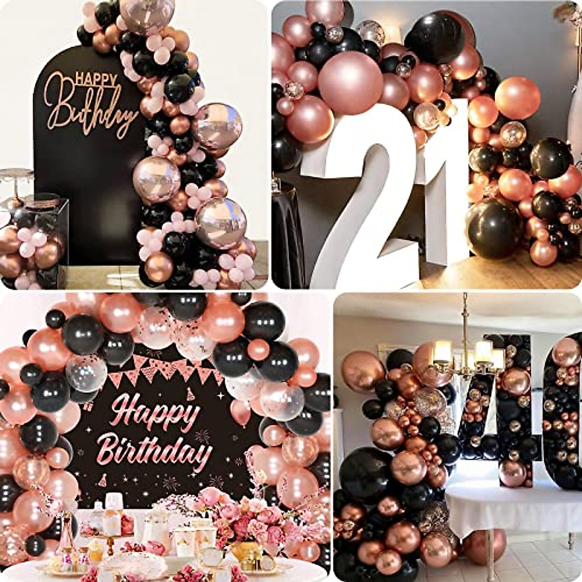 Rose Gold and Black Balloons, 60Pcs 12 Inch Metallic Rose Gold Balloons, Black Balloons and Confetti Balloons, Latex Balloons for Black Party Decorations, Rose Gold Birthday Decorations, Baby Shower