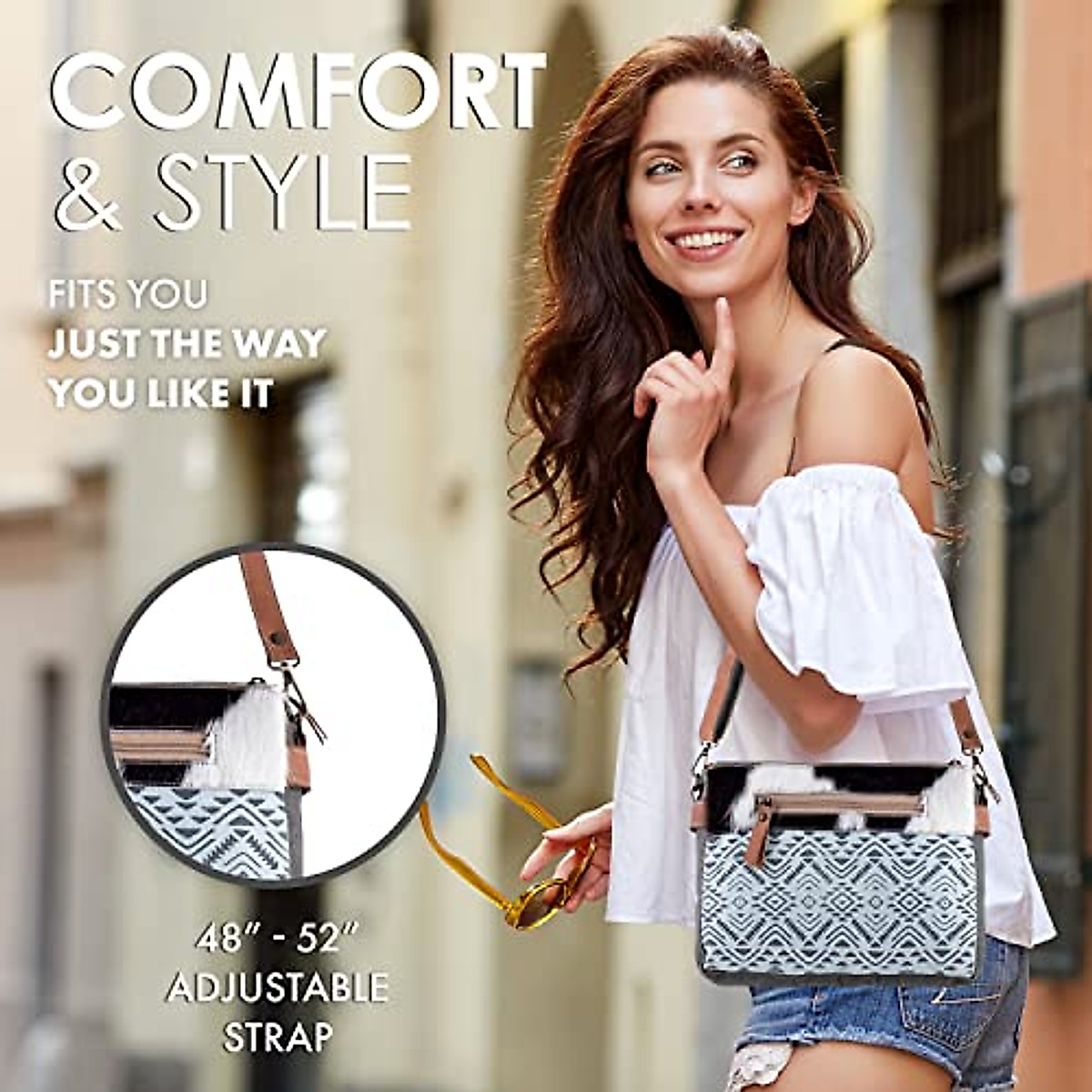 SIXTEASE Crossbody Bag for Women Vintage Style Genuine Leather, Upcycled Canvas, Rug, or Hair On - Cross Body Womens Bags with Inside Zipper Pockets - Fusion Beloved