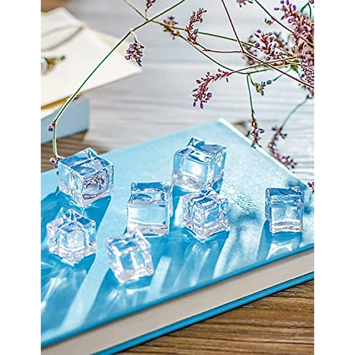 DomeStar Clear Fake Ice Cubes, 20 PCS 1.0" Plastic Ice Cubes Acrylic Clear Ice Rock Diamond Crystals Square Fake Ice Cubes Display for Summer Home Decoration Wedding Centerpiece Vase Fillers