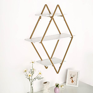 Efavormart 31" Geometric Diamond Shaped 3-Tier Gold Metal Dessert Cupcake Stand Rack, Wall Hanging Display Shelf Display, Book Shelf with White Wood Panels