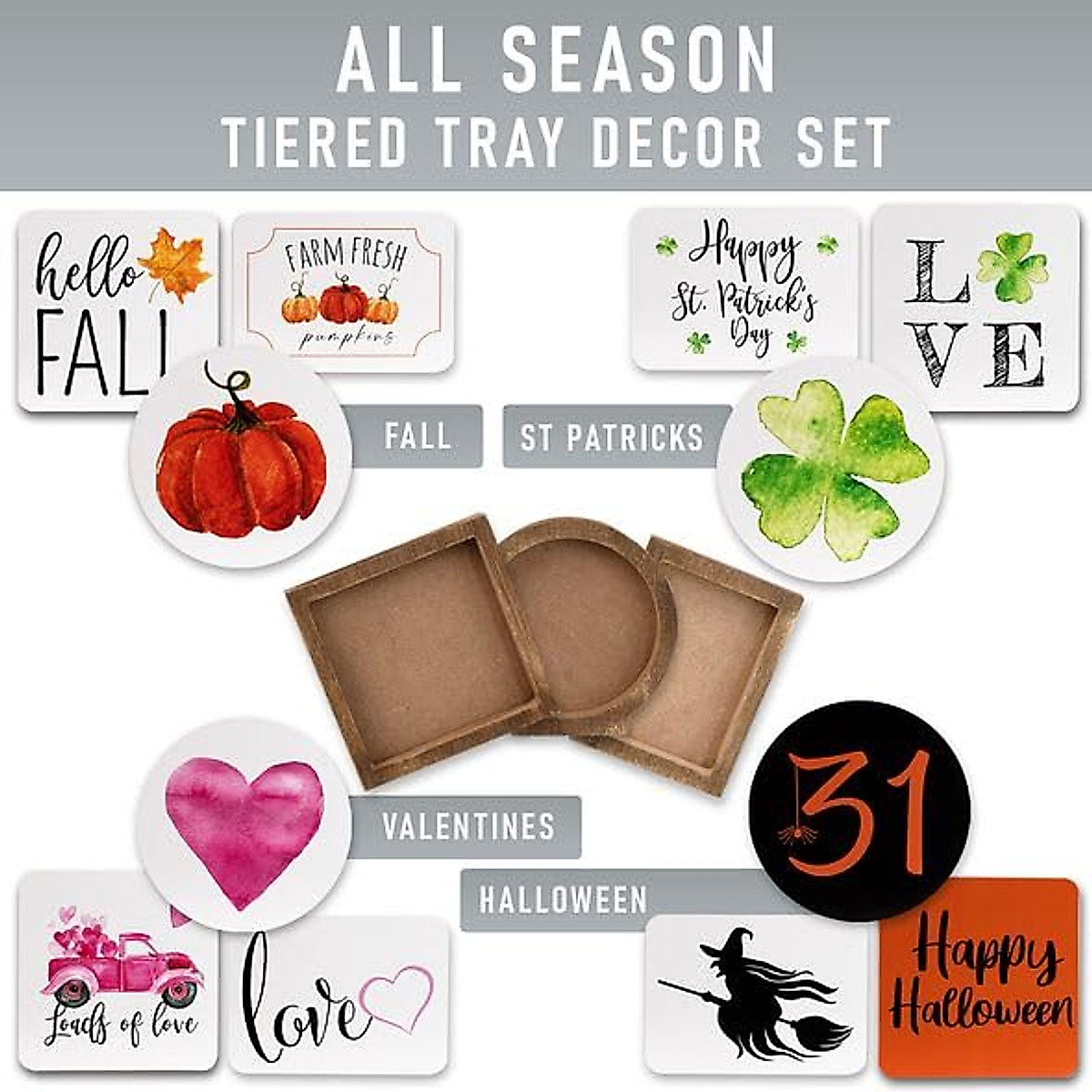 The Ultimate Farmhouse Tiered Tray Decor Set - Beautiful Year Round Seasonal & Holiday Decoration Bundle - The Perfect Easter, Spring and St Patricks Day Centerpiece Designs for Home & Kitchen Decor