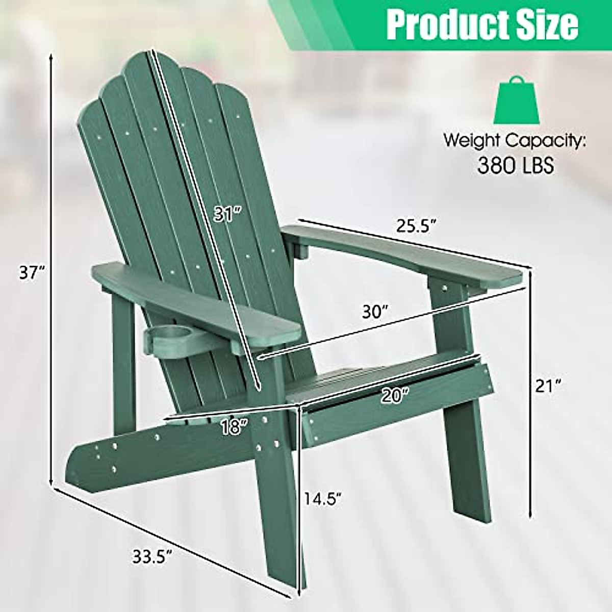 Giantex Outdoor Adirondack Chair - Oversized Patio Chairs w/Hidden Cup Holder, Realistic Wood Grain, 380 LBS Weight Capacity, Weather Resistant Firepit Chairs for Backyard, Garden (1, Dark Green)