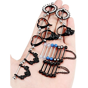 Kadogohno Black Nipple Rings for Women Nipple Piercing Jewelry 14G Nipple Rings Surgical Steel Screw Dangle Nipplerings Nipple Shield Ring Barbell Body Piercing Jewelry Set 5/8 Inch 16mm 10 Pairs