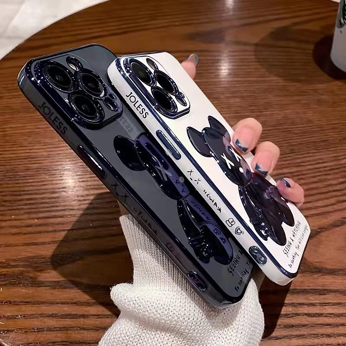 DURPECO 2 Pack Compatible with iPhone 14 Pro Max Case 3D Cartoon Plating Teddy Bear Case for Women Girls Camera Lens Cover Soft TPU Shockproof Protective Phone Case 6.7 Inch - Black&White