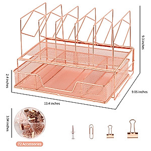 Spacrea Rose Gold Desk Organizers - File Organizer Desk Accessories with Vertical File Folder Holders & Sliding Drawer, Office Supplies for Workspace College Dorm Home(Binder Clips Included)