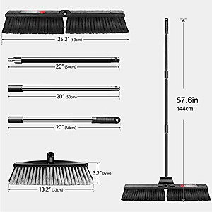 MASTERTOP Upgrade 24" Push Broom & 12" Broom Head, Floor Scrub Brush, Garage Heavy Duty Broom with Stiff Bristles, 57.6 inch Stainless Steel Long Handle, Yard Patio Decks Cleaning