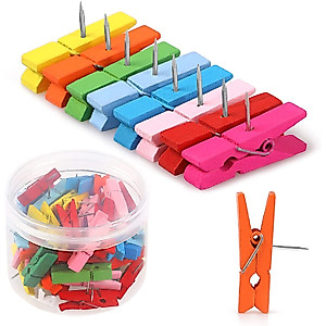 50 PCS Colorful Push Pin with Wooden Clips, Durable Wooden Push Pins, Decorative Pushpins Tacks Thumbtacks, Tacks for Cork Board Artworks Notes Photos, Craft Projects, Offices and Homes (8 Colors)