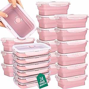 Hushee 24 Pack 27oz Silicone Food Storage Containers with Lids - Rectangle & Square Collapsible Bowls for Camping Kitchen - Microwave, Dishwasher & Freezer Safe (Pink)
