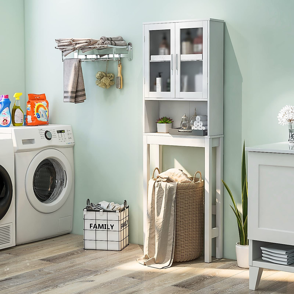 BestComfort Over The Toilet Storage Cabinet, Bathroom Organizer with Frosted Glass Doors, Adjustable Shelf, Open Compartment, Freestanding Over Toilet Rack Unit for Washroom Laundry (67'' H)