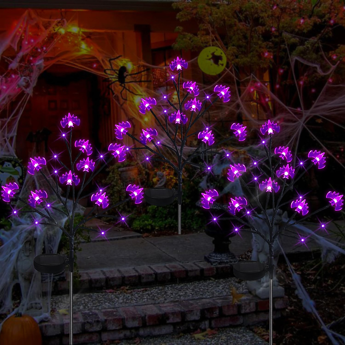 2 Packs 40LEDs Solar Halloween Bat Stake Lights, 2 Modes Purple Halloween Bat Lights for Outdoor Halloween Decorations, Waterproof Solar Halloween Lights Stakes for Garden Yard Pathway Walkway