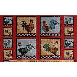 Panel Roosters Farm Fowl Barnyard Birds Poultry Cockerel Country Kitchen Cotton Fabric Panel (D562.15)