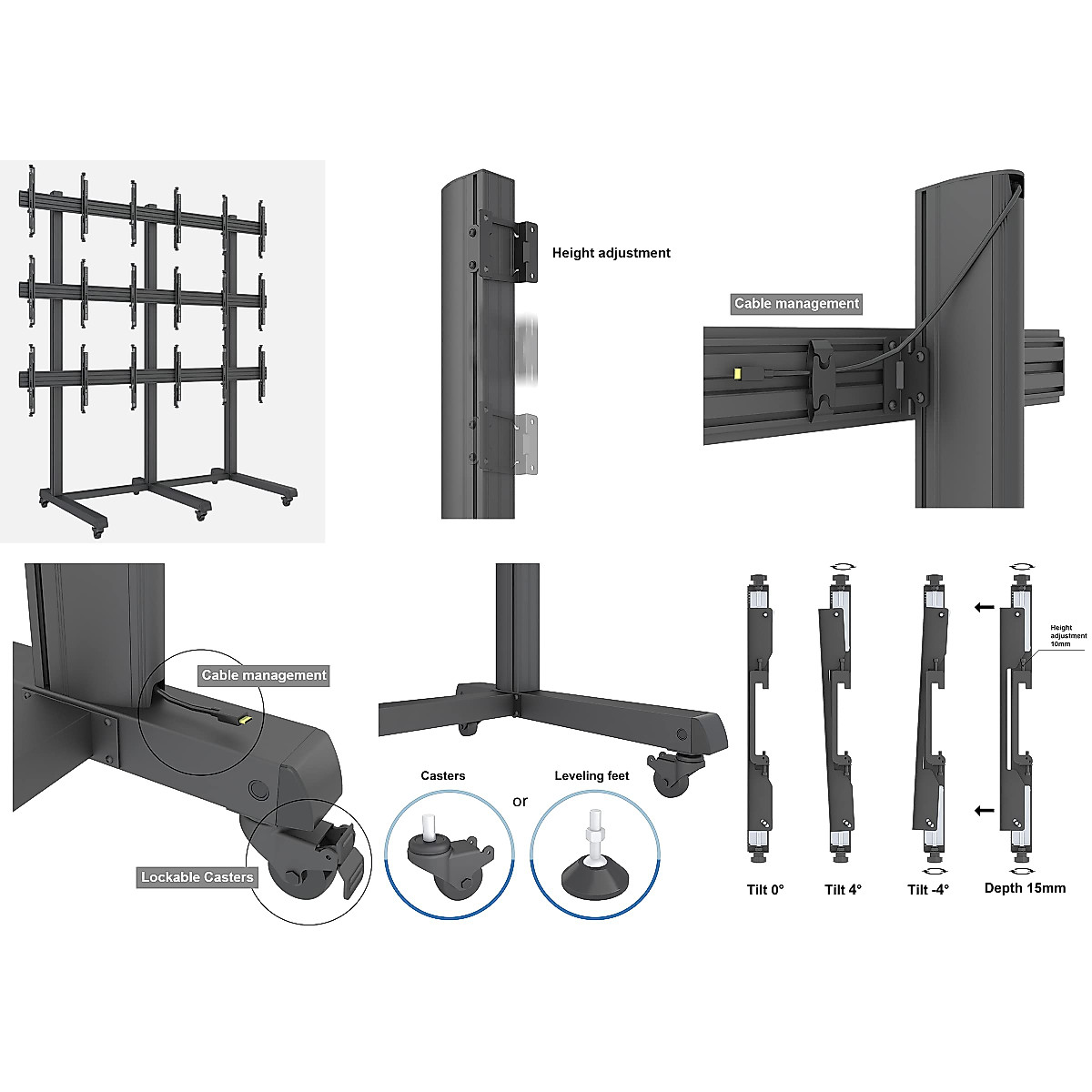 3x3 Video Wall Rolling Mount Cart Display with Micro Adjustment Arms Vesa Universal TV Television